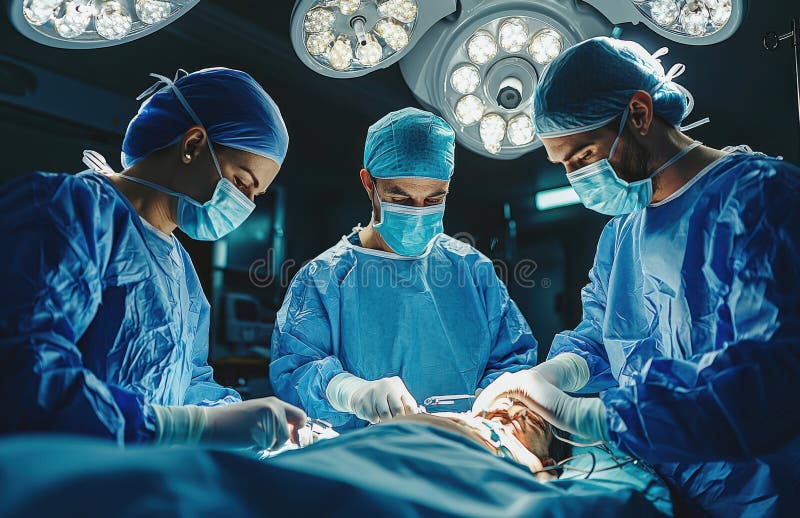 Three Doctors Performing Surgery in a Hospital Operating Room Under ...