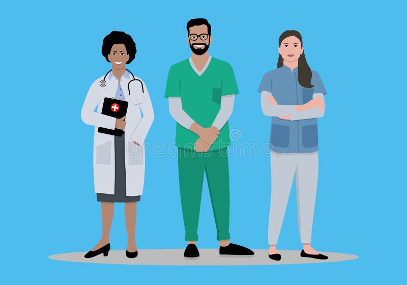 Three Doctors Stand on a Blue Background, Wearing Different Clothes ...