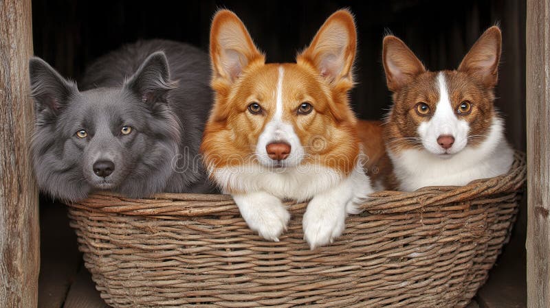 Three Dogs in Basket, Rustic Barn, Pet Portrait, Adorable Stock Photo ...