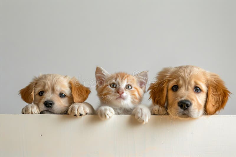 Three Dogs and a Cat Peeking Over a White Wall Stock Photo - Image of ...