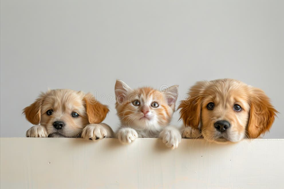 Three Dogs and a Cat Peeking Over a White Wall Stock Photo - Image of ...