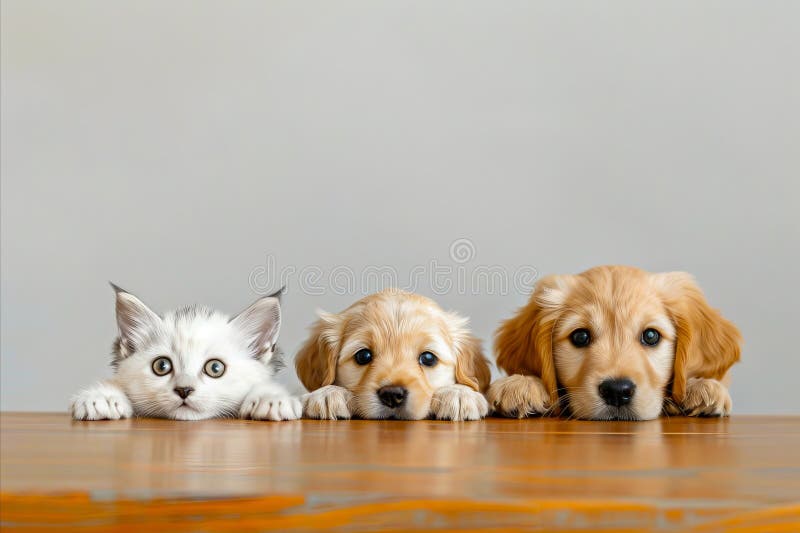 Three Dogs and a Cat are Sitting on a Table Stock Image - Image of ...