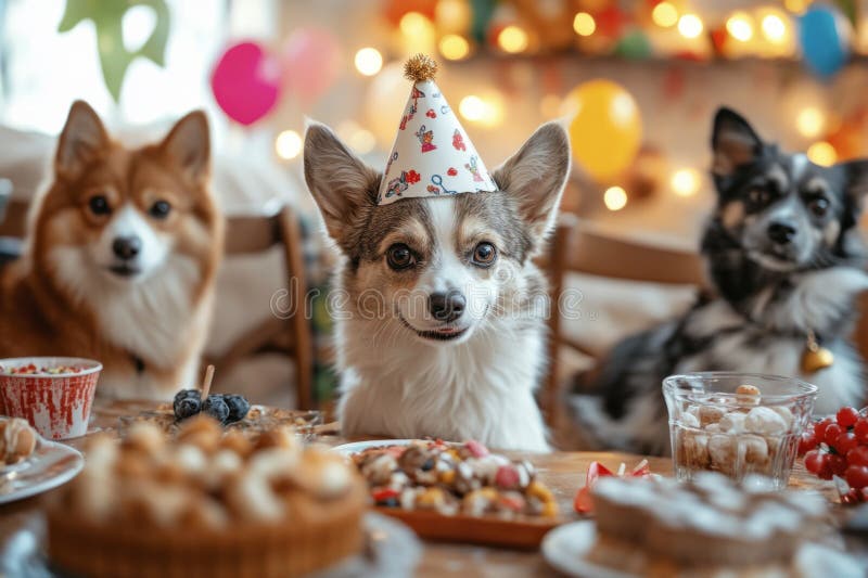 Three Dogs Celebrating Birthday Party Sitting at Table Stock Photo ...