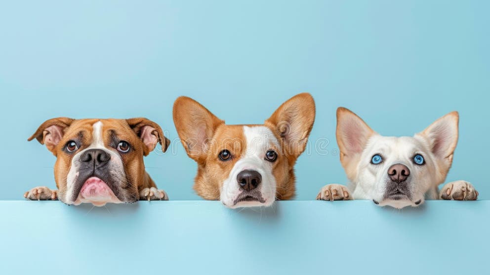 Three Dogs of Different Breeds Peek Over a Ledge with Eager Expressions ...
