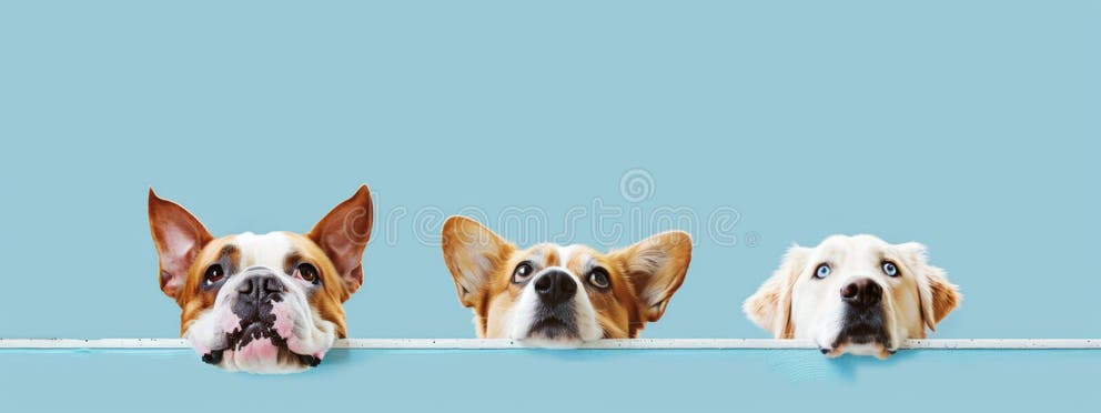 Three Dogs of Different Breeds Peek Over a Ledge with Eager Expressions ...