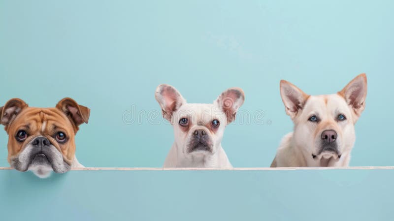 Three Dogs of Different Breeds Peek Over a Ledge with Eager Expressions ...