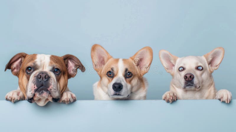 Three Dogs of Different Breeds Peek Over a Ledge with Eager Expressions ...