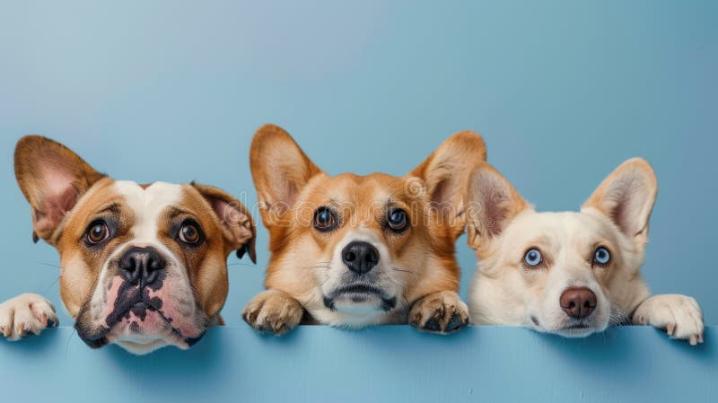 Three Dogs of Different Breeds Peek Over a Ledge with Eager Expressions ...