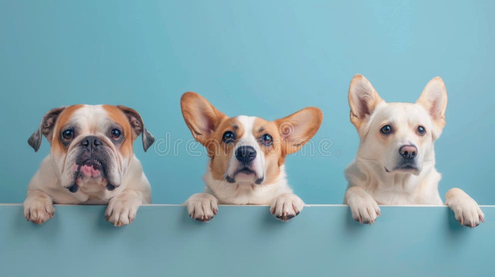 Three Dogs of Different Breeds Peek Over a Ledge with Eager Expressions ...