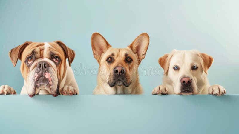 Three Dogs of Different Breeds Peek Over a Ledge with Eager Expressions ...
