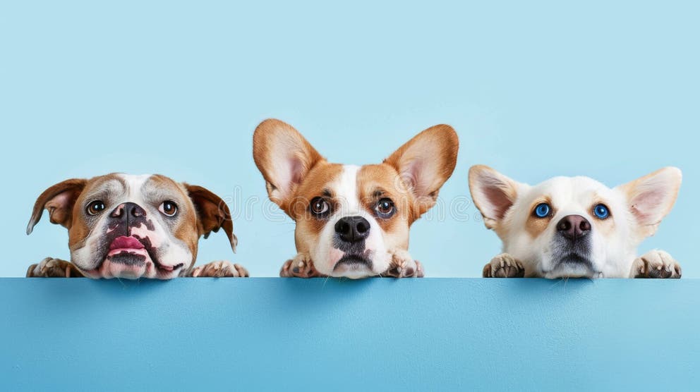 Three Dogs of Different Breeds Peek Over a Ledge with Eager Expressions ...