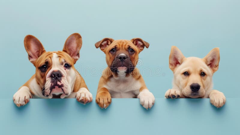 Three Dogs of Different Breeds Peek Over a Ledge with Eager Expressions ...