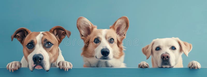 Three Dogs of Different Breeds Peek Over a Ledge with Eager Expressions ...