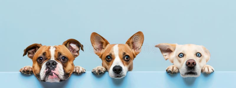 Three Dogs of Different Breeds Peek Over a Ledge with Eager Expressions ...