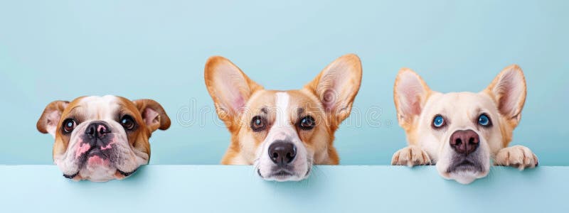Three Dogs of Different Breeds Peek Over a Ledge with Eager Expressions ...