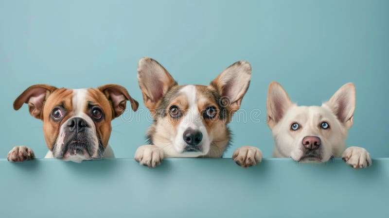 Three Dogs of Different Breeds Peek Over a Ledge with Eager Expressions ...
