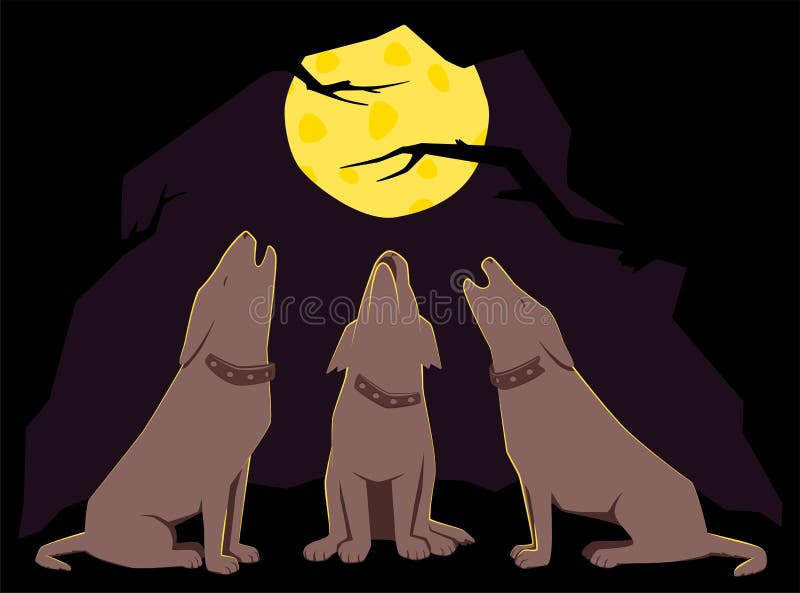 Three Dogs Howling at the Moon, Dark Night, Full Moon Stock Vector ...