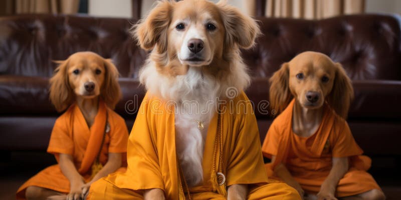 Three Dogs in Orange Robes Sitting on the Floor, AI Stock Photo - Image ...