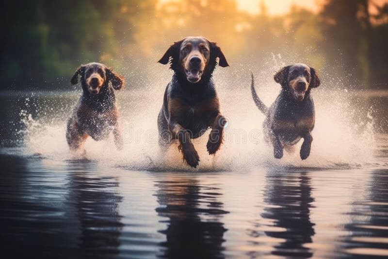 Three Dogs Playing in the Water Stock Illustration - Illustration of ...