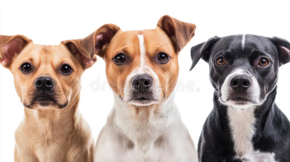 Three Dogs Portrait: Tan, White, and Black Dogs on White Background ...