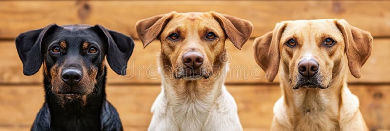 Three Dogs Pose Together in Front of a Rustic Wooden Wall. Stock Image ...