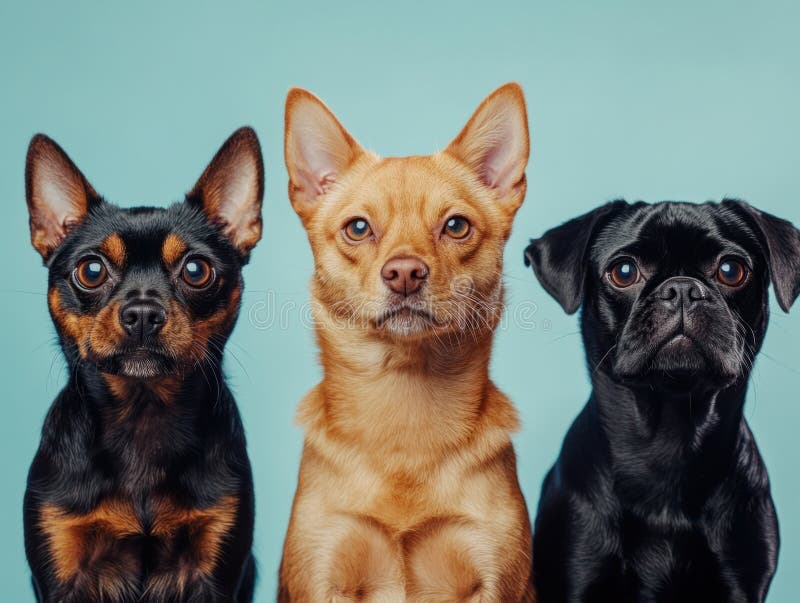 Three Dogs Posing Together on Light Blue Background Stock Photo - Image ...