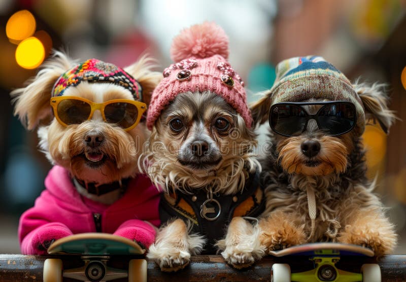Three Dogs in Row with Skateboards. Three Cute Little Dogs Stock Photo ...