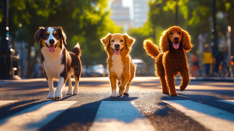 Three Dogs Running Across the Street Stock Photo - Image of buildings ...