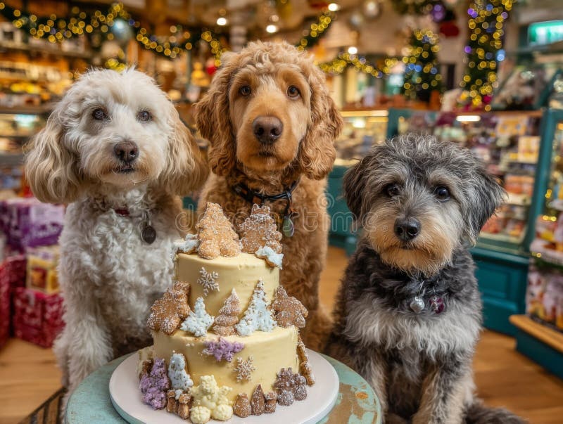 Three Dogs Sitting with a Festive Cake Stock Illustration ...