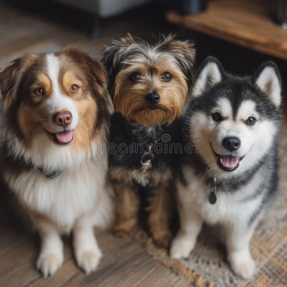 Three Dogs Sitting on the Floor Stock Photo - Image of sitting, looking ...