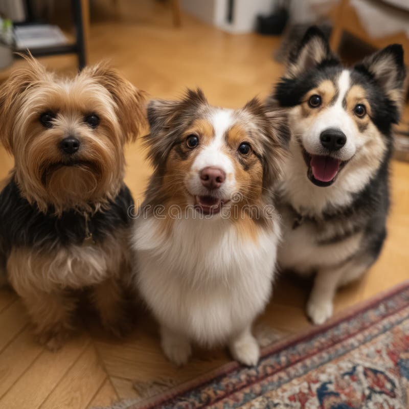 Three Dogs Sitting on the Floor in a Living Room Stock Photo - Image of ...