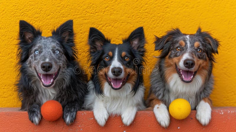 Three Dogs are Sitting on a Ledge with Balls in Their Mouths, AI Stock ...