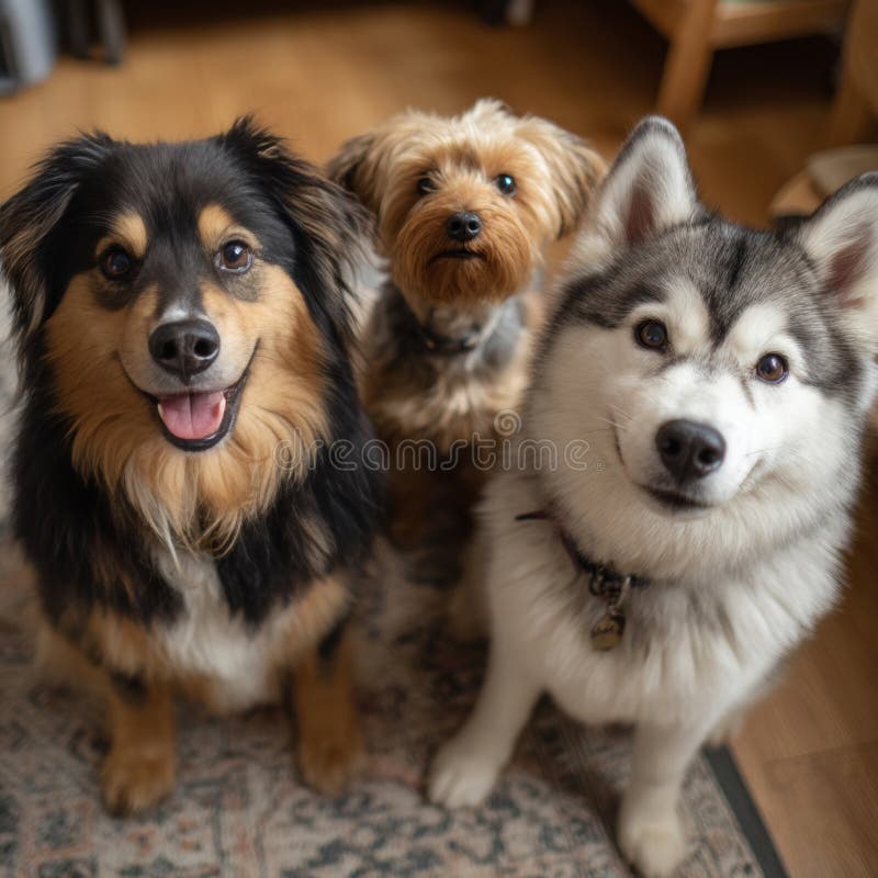 Three Dogs Sitting Next To Each Other on a Rug on the Floor Stock Image ...