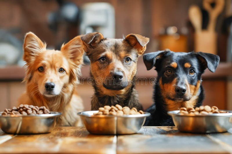 Three Dogs Sitting at a Table with Bowls of Food. Generative AI Stock ...