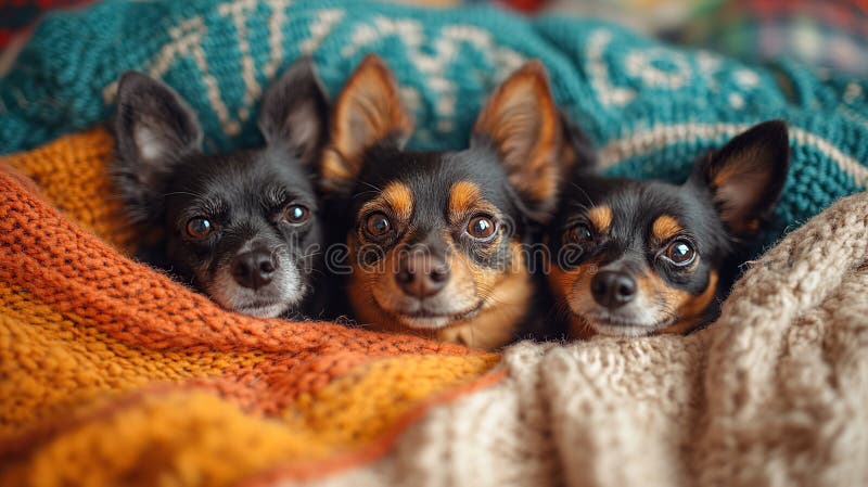 Two Dogs, Cuddling Together in Fluffy Bed, with Their Tails Wagging ...