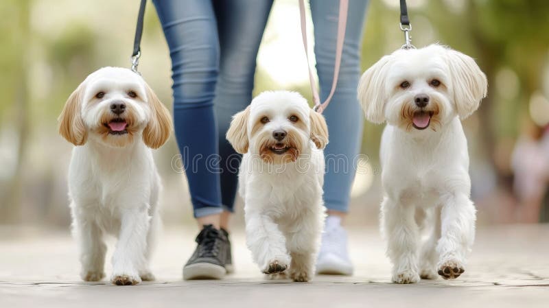 Three Dogs are Walking on Leashes in a Line with Their Owners, AI Stock ...