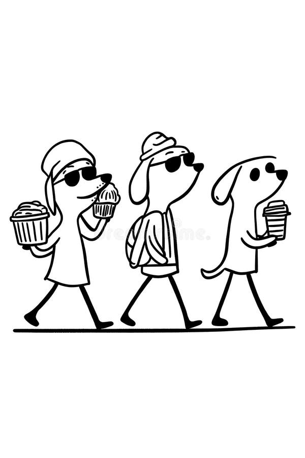 Three Dogs Walking, One Eating, One Carrying Coffee, One Carrying ...