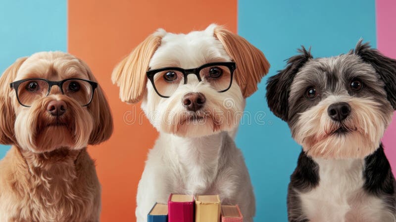 Three Dogs Wearing Glasses and Sitting Next To a Stack of Books, AI ...
