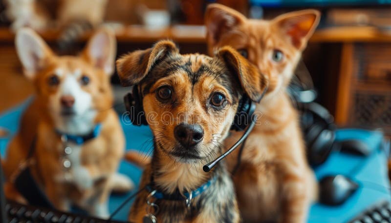 Three Dogs Wearing Headphones and Sitting on a Table Stock Photo ...