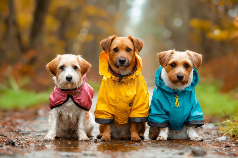 Three Dogs Wearing Raincoats in the Rain. Generative AI Stock Image ...