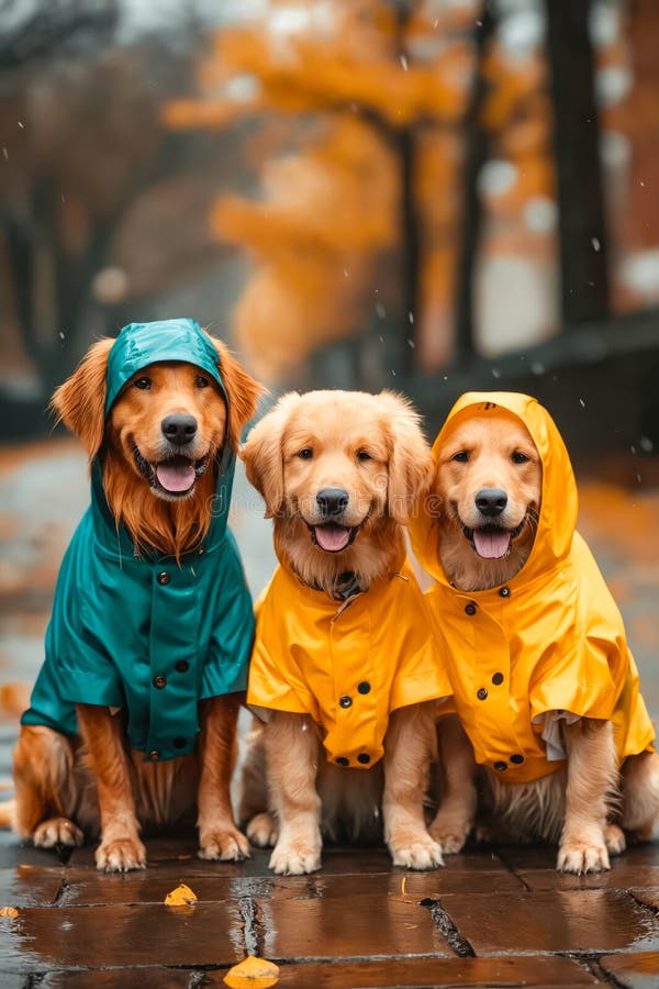 Three Dogs Wearing Raincoats Sitting in the Rain. Generative AI Stock ...
