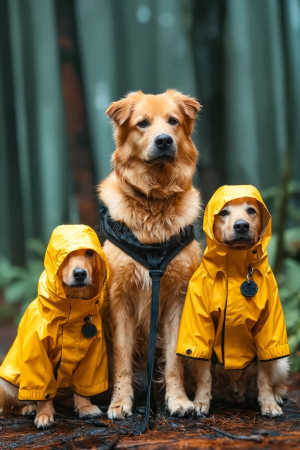 Three Dogs Wearing Yellow Raincoats in the Rain. Generative AI Stock ...