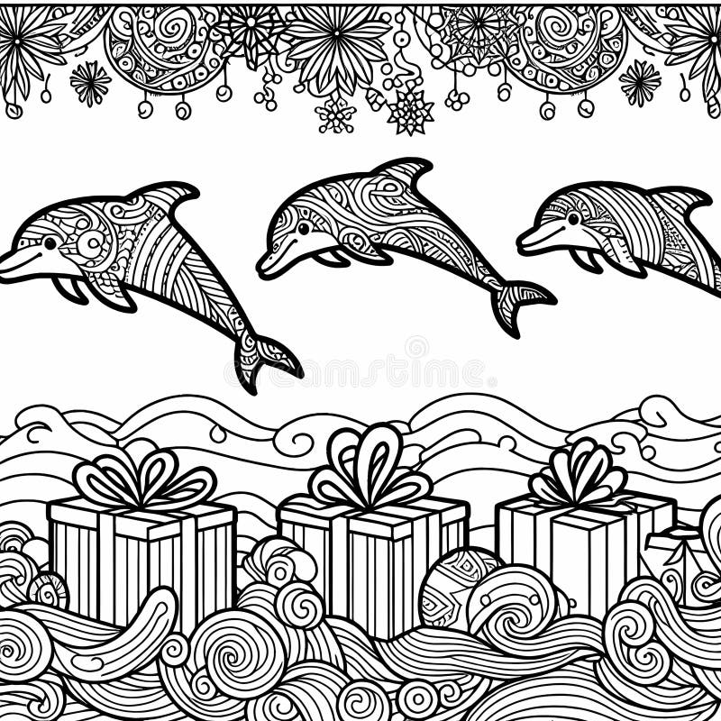 Three Dolphins Creating Holiday Borders with Playful Patterns. Stock ...