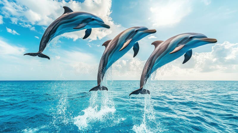 Three Dolphins Leap Gracefully from the Ocean, Set Against a Bright ...