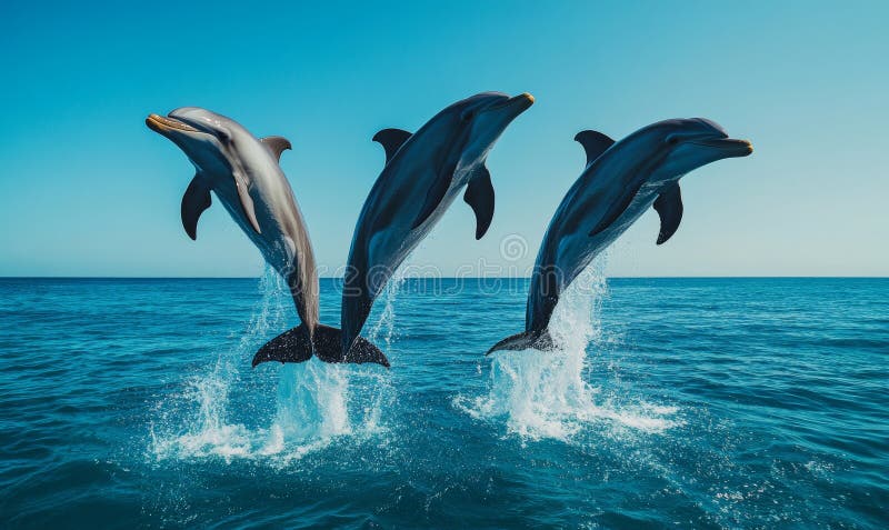 Three Dolphins Leap from the Ocean, Creating a Splash, Against the ...