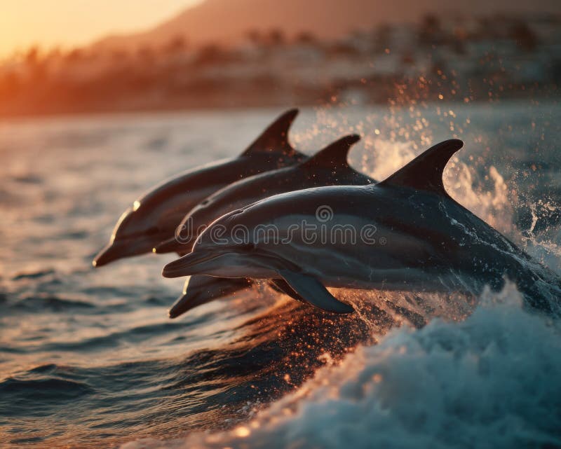 Three Dolphins Leaping in Ocean Waves at Sunset Stock Illustration - Illustration of group ...