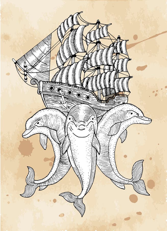 Three Dolphins with Ship on Paper Background Stock Vector ...