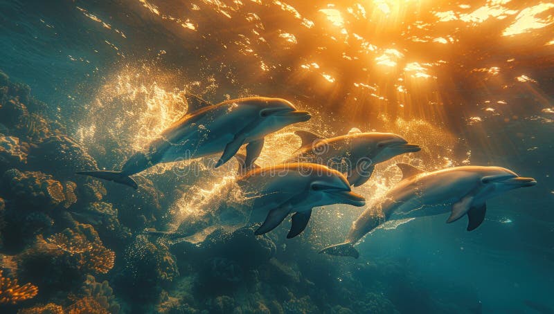 Three Dolphins Swimming in Sunlight Stock Image - Image of nature, life ...