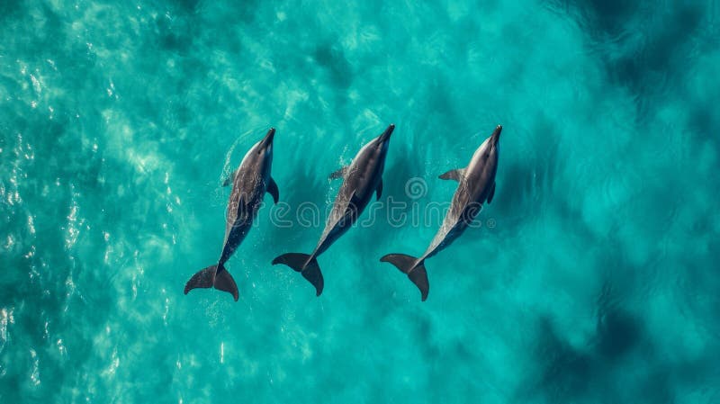 Three Dolphins Swimming in Turquoise Ocean Waters Aerial View Stock Illustration - Illustration ...