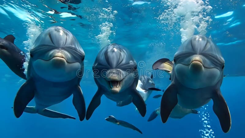 Three Dolphins Swimming Underwater in Clear Blue Ocean Stock Footage - Video of deep, friendship ...